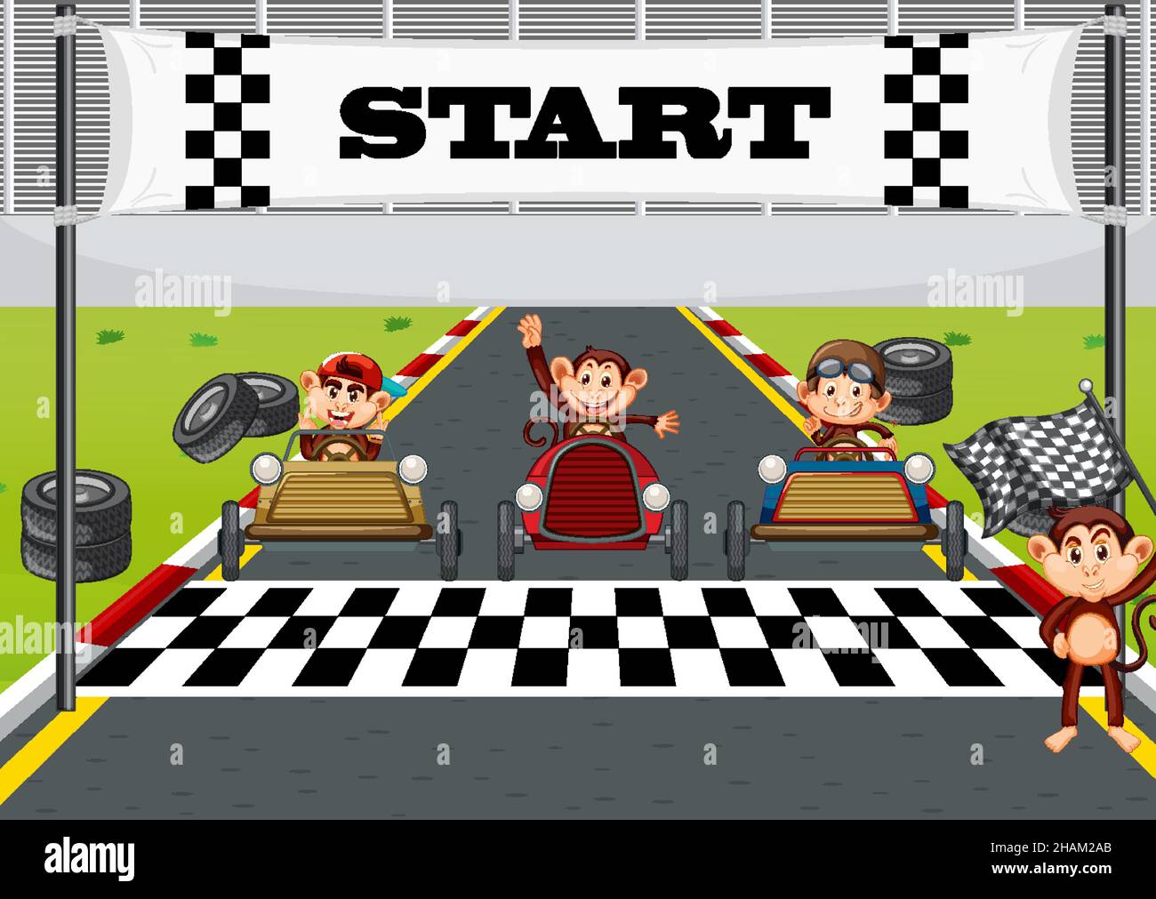 Race track scene with monkey racing drivers illustration Stock Vector ...