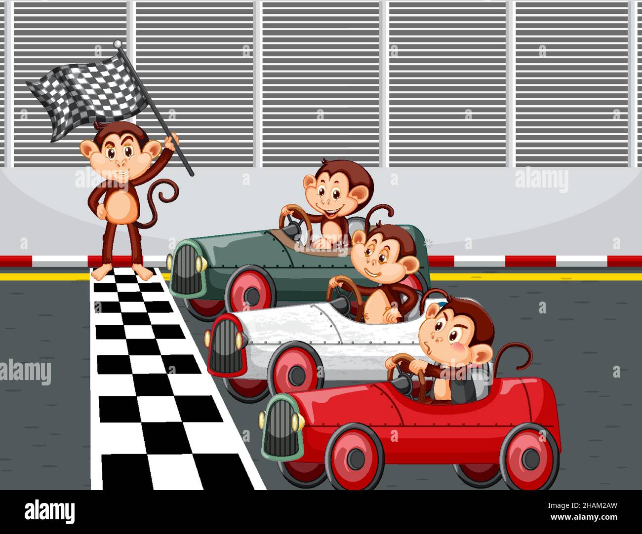 Race track scene with monkey racing drivers illustration Stock Vector ...