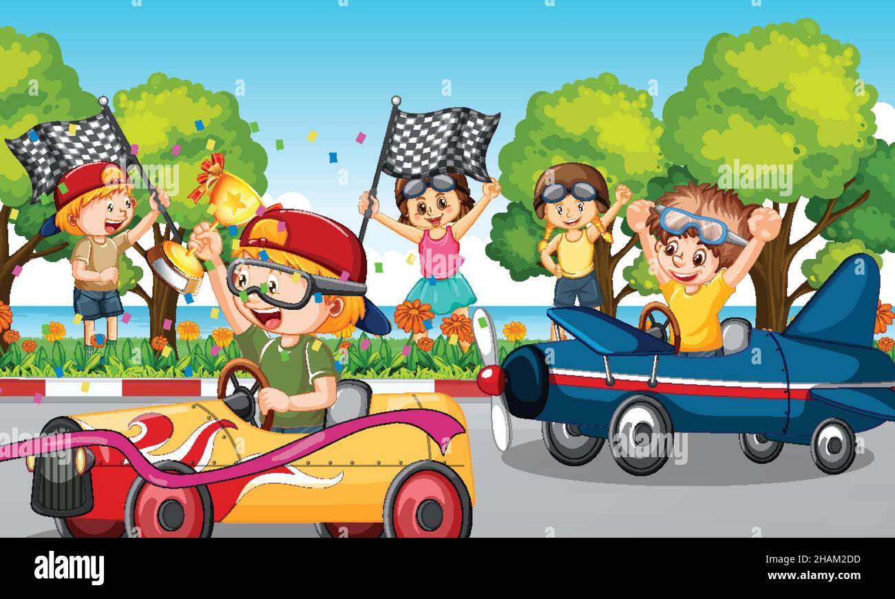 Outdoor scene with children racing car illustration Stock Vector Image ...