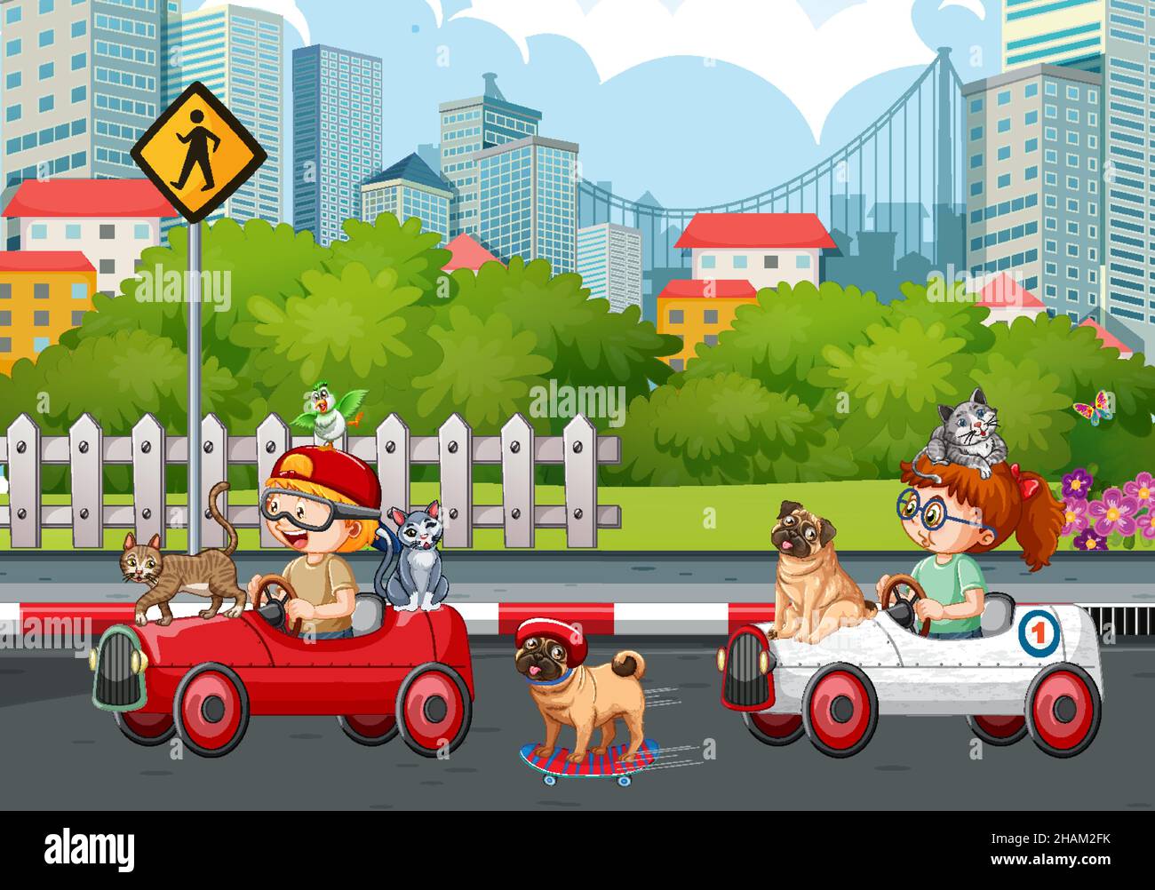 Street scene with a boy riding a car with their animals illustration ...