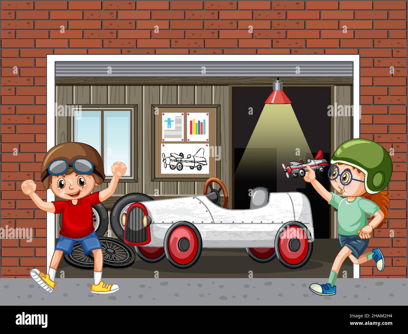 Garage scene with children fixing a car together illustration Stock ...