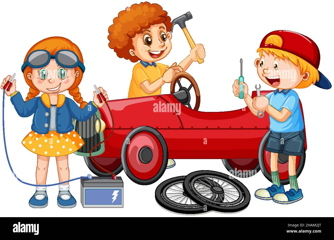 Children repairing a car together illustration Stock Vector Image & Art ...
