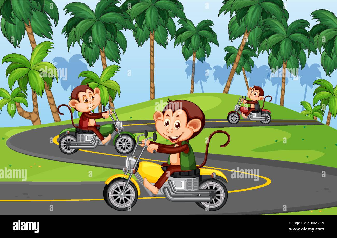 Race track scene with monkeys riding motorcycles illustration Stock ...
