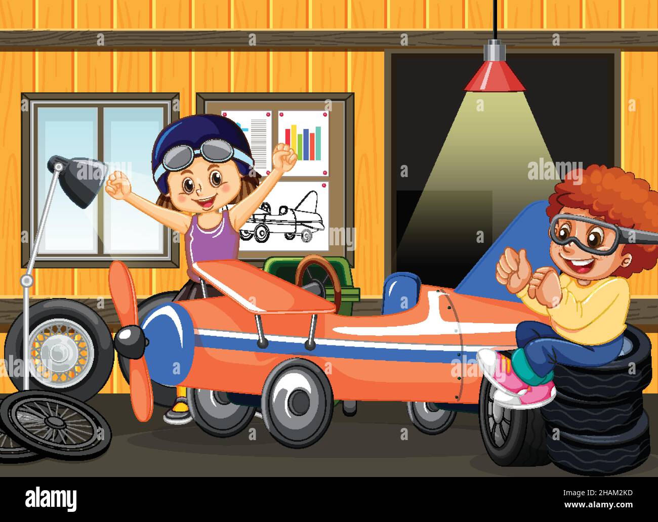 Garage scene with children fixing a car together illustration Stock ...