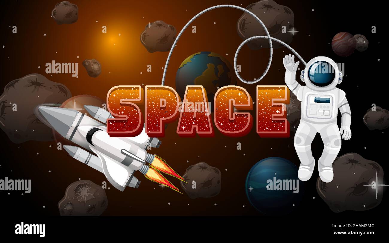 Space poster design with astronaut and spaceship illustration Stock ...