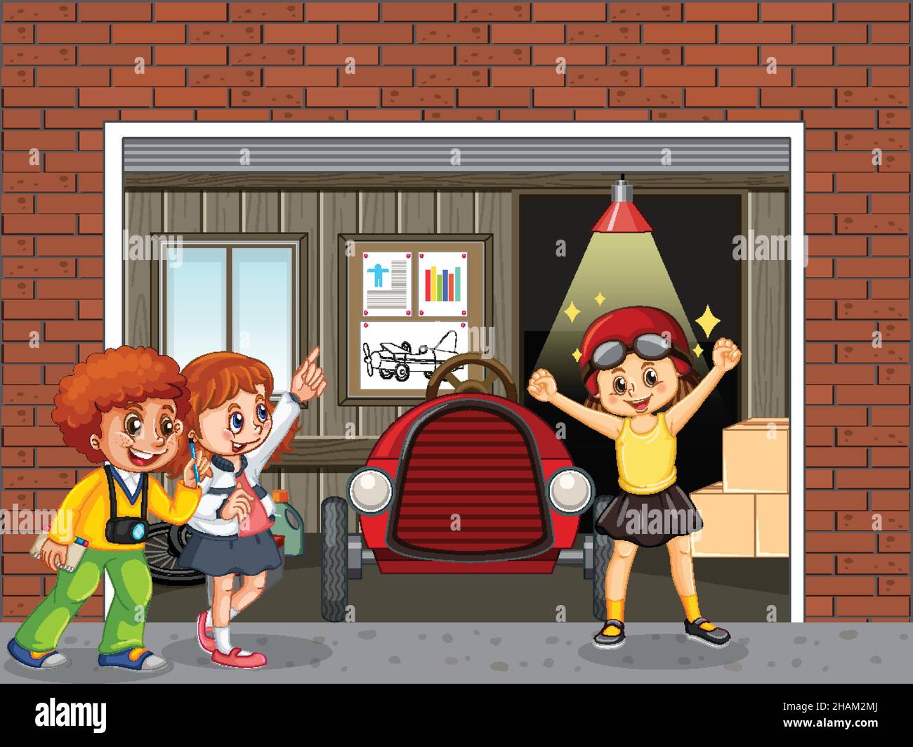 Garage scene with children fixing a car together illustration Stock ...