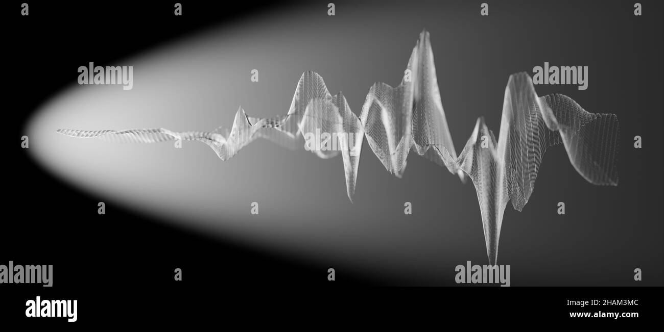 Wireframe Waveform Structure Or Abstract Visualization Of Bright White Audio Sound Waves