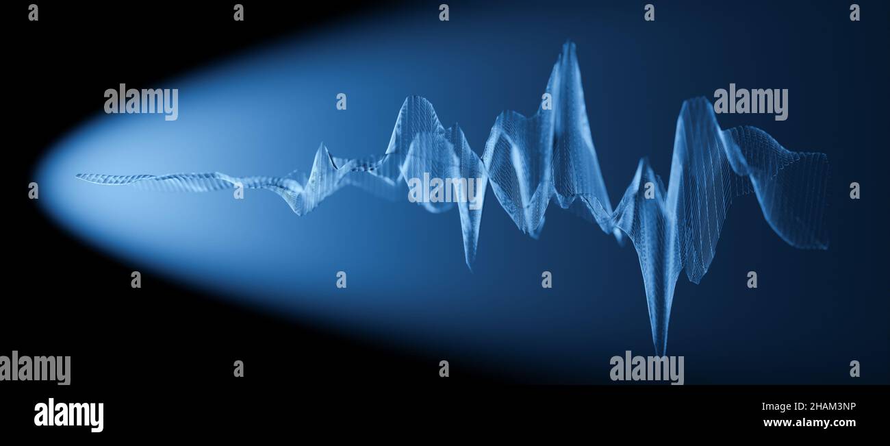 Wireframe Waveform Structure Or Abstract Visualization Of Blue Audio Sound Waves Illuminated By
