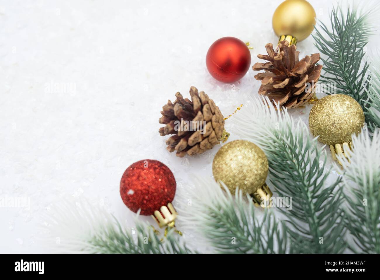 Christmas composition of Christmas tree toy red and gold ball snow ...