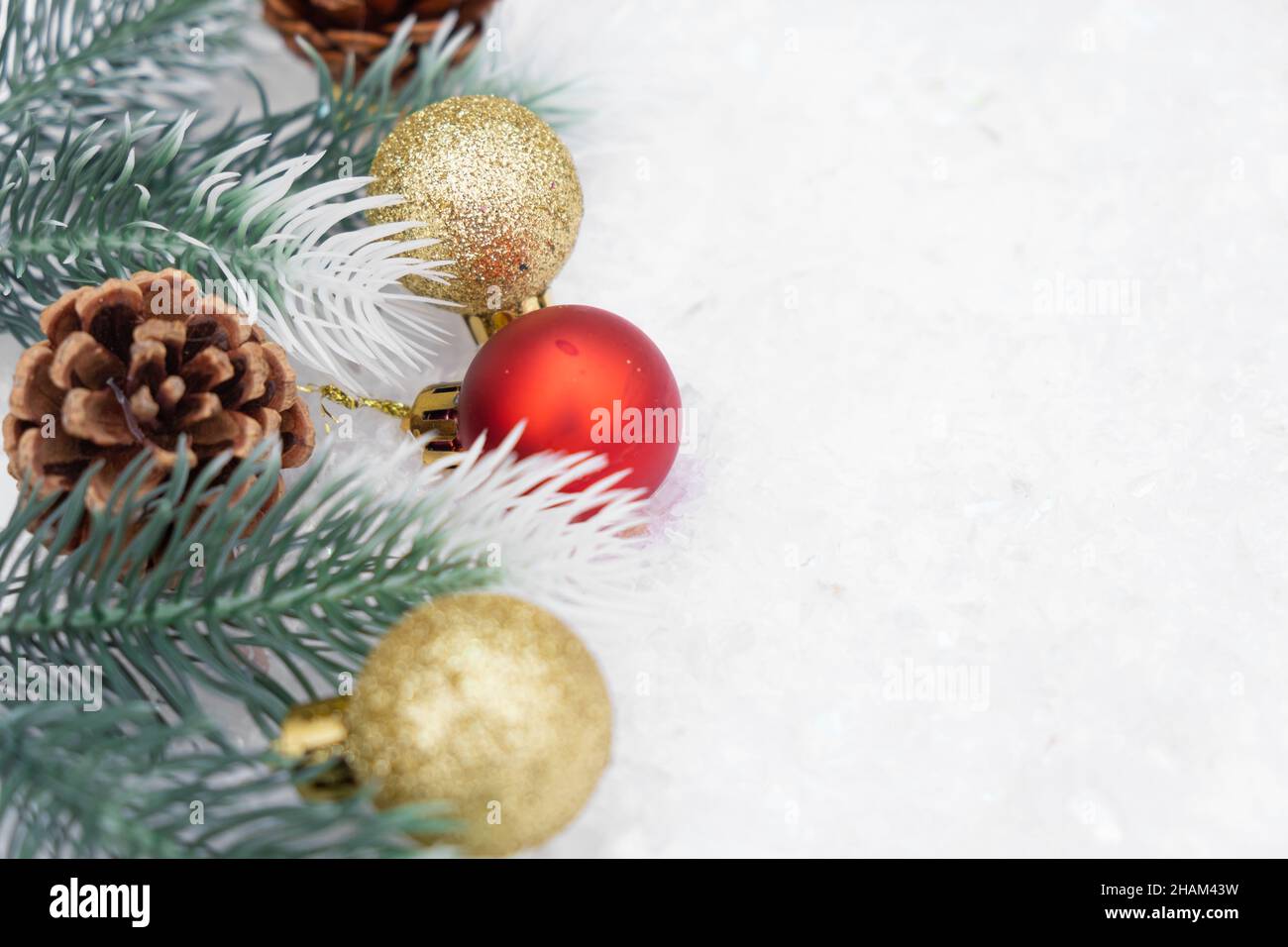 Christmas composition of Christmas tree toy red and gold ball snow ...