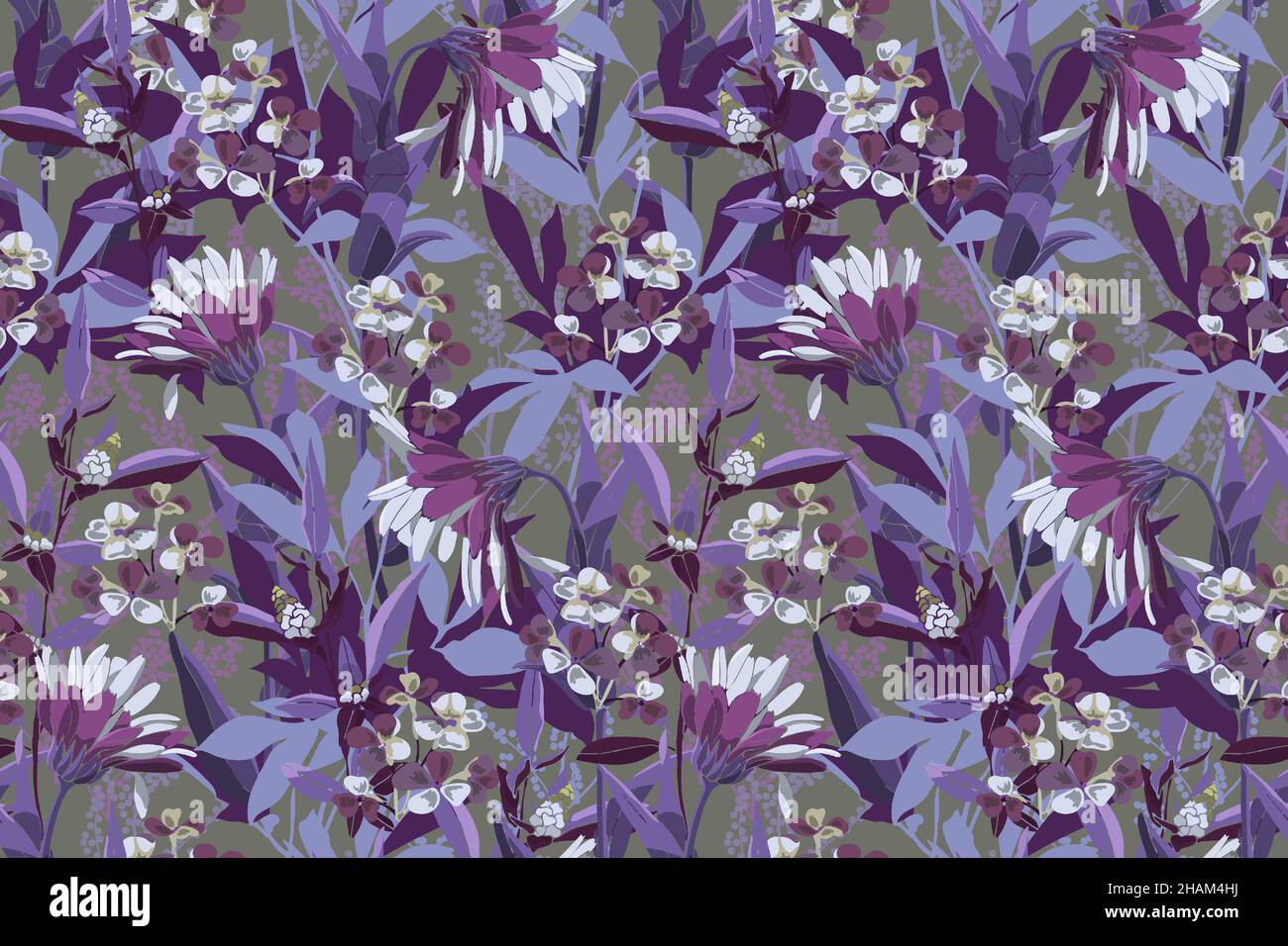 Vector floral seamless pattern. White-purple flowers, leaves and stems ...
