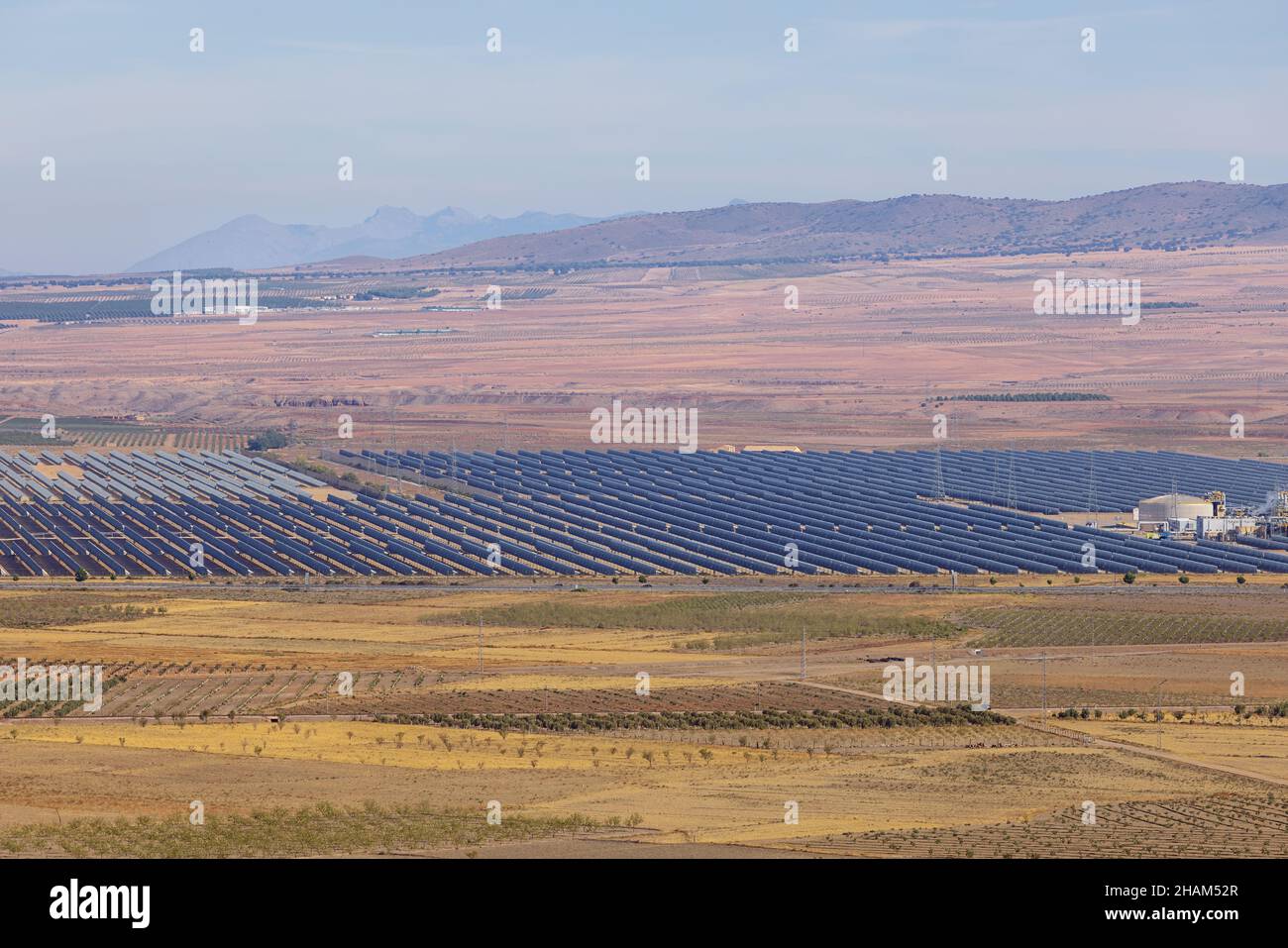 View over a solar power station, seen from La Calahorra Castle Stock ...