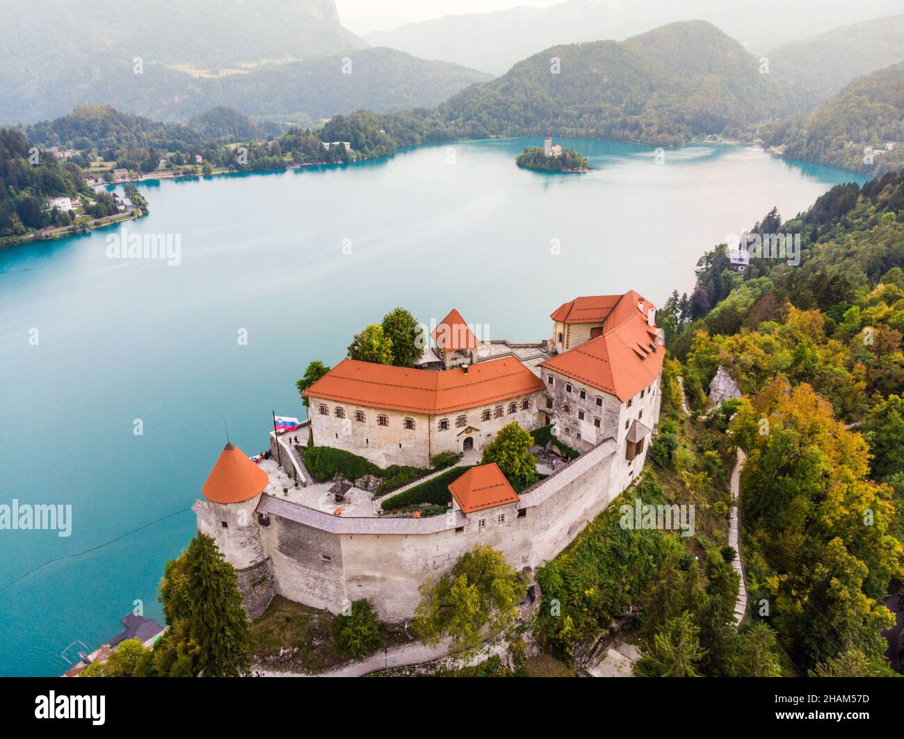 Aerial panoramic view of Lake Bled and the castle of Bled, Slovenia ...