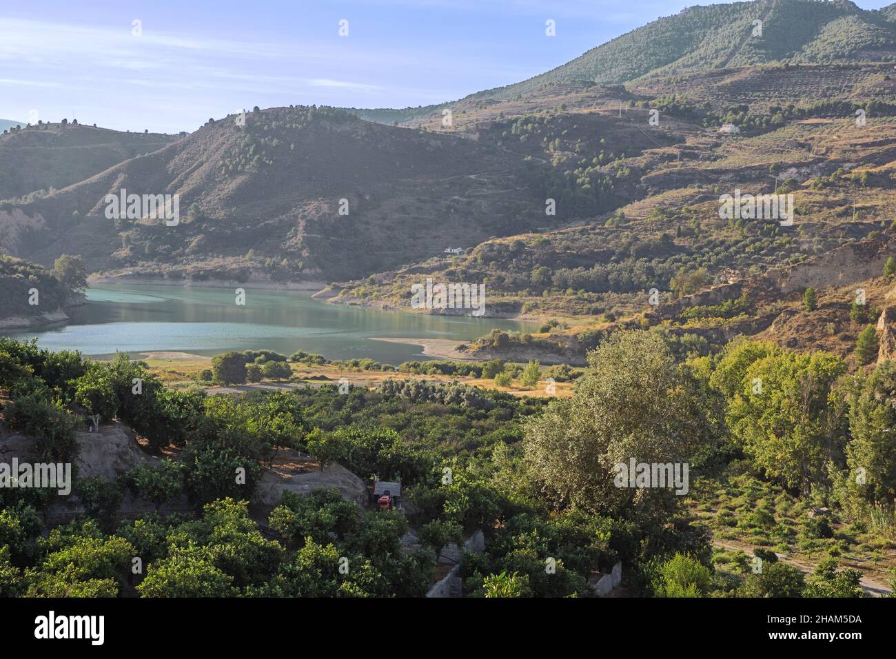 The Beznar reservoir in hazy morning light, seen from the lookout in ...