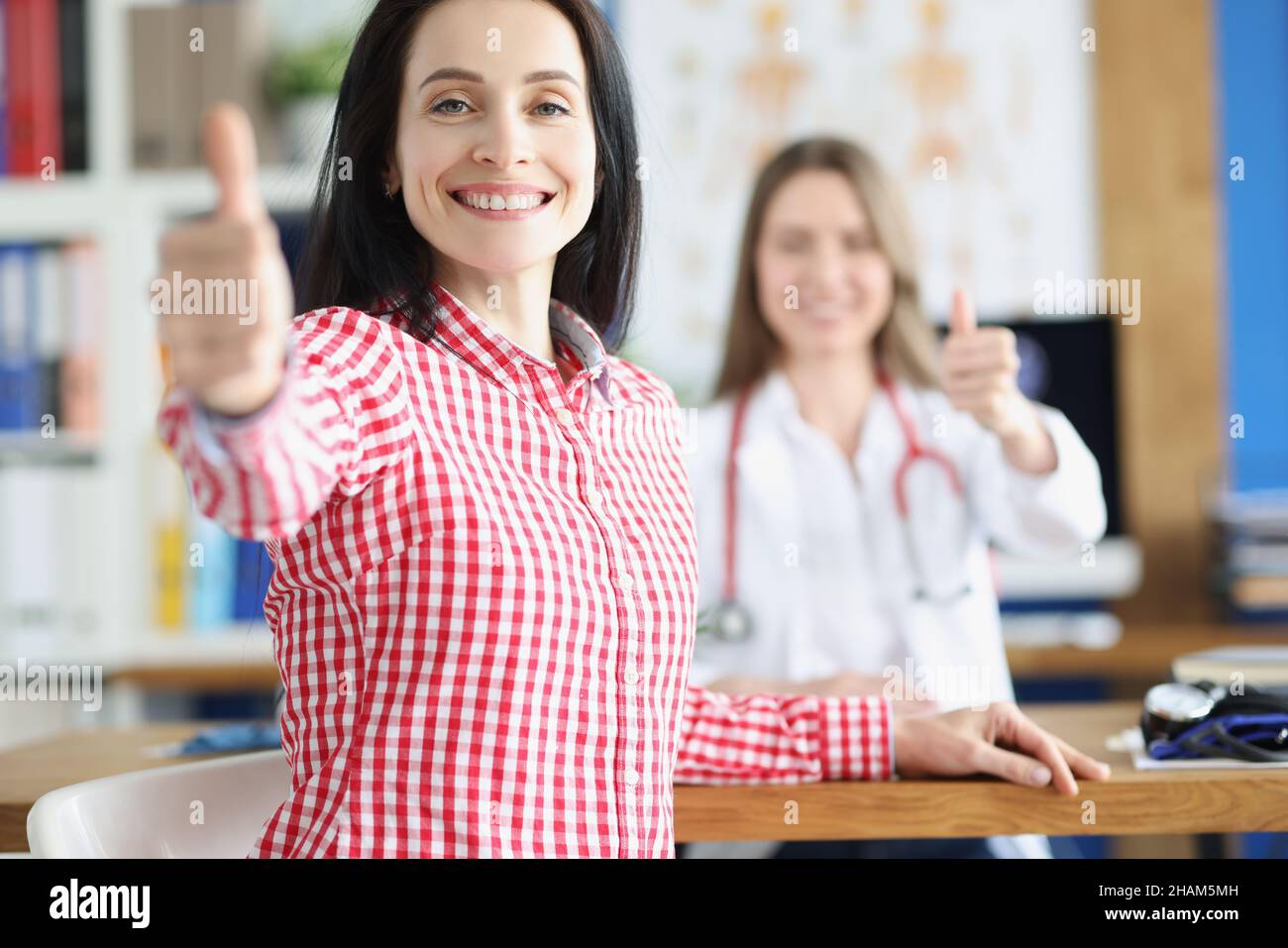 Happy woman patient show thumbs up gesture, woman healthy after ...