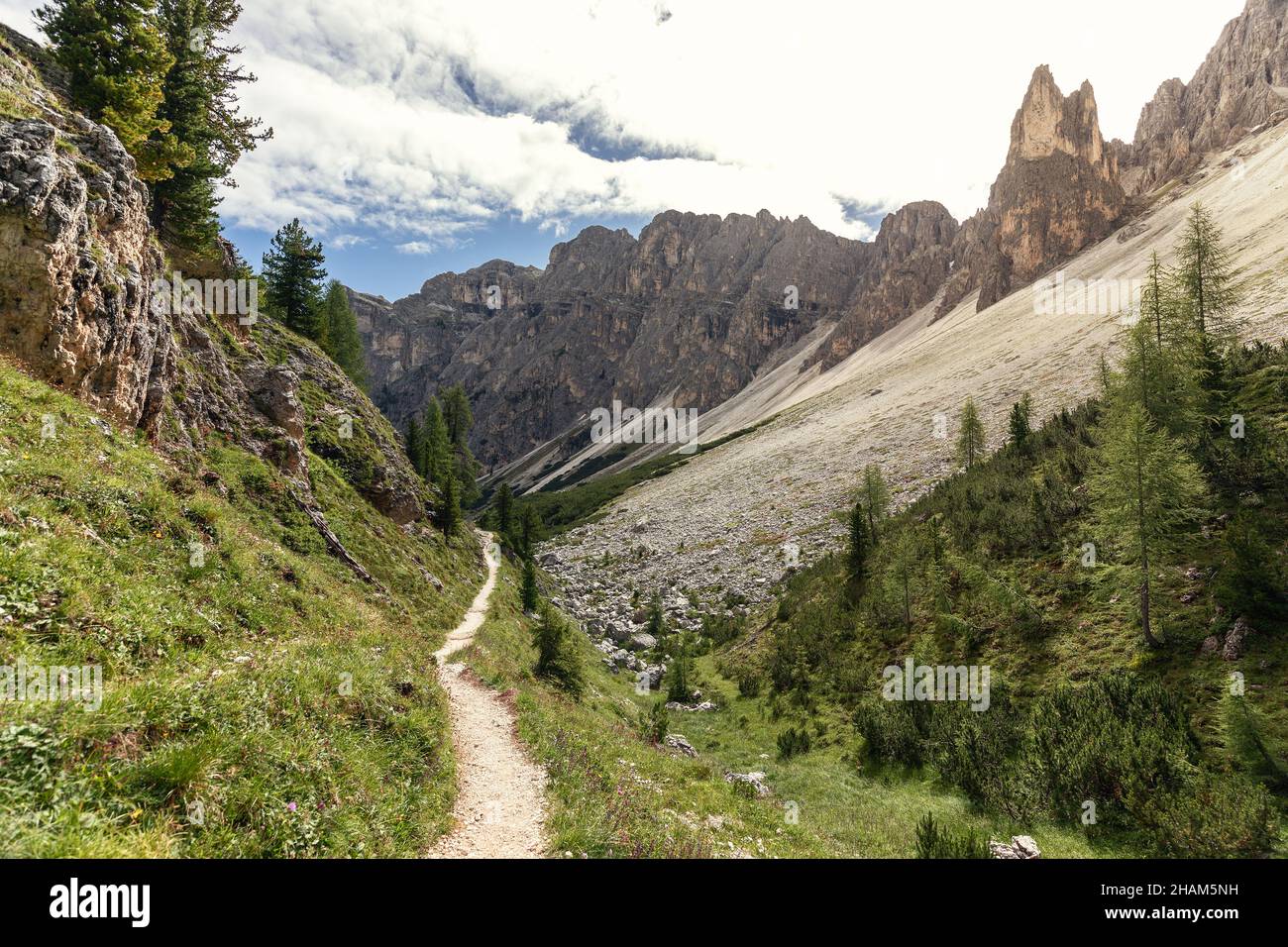 A gorge with a scenic trail in the Dolomites. Natural park Puez Odle ...