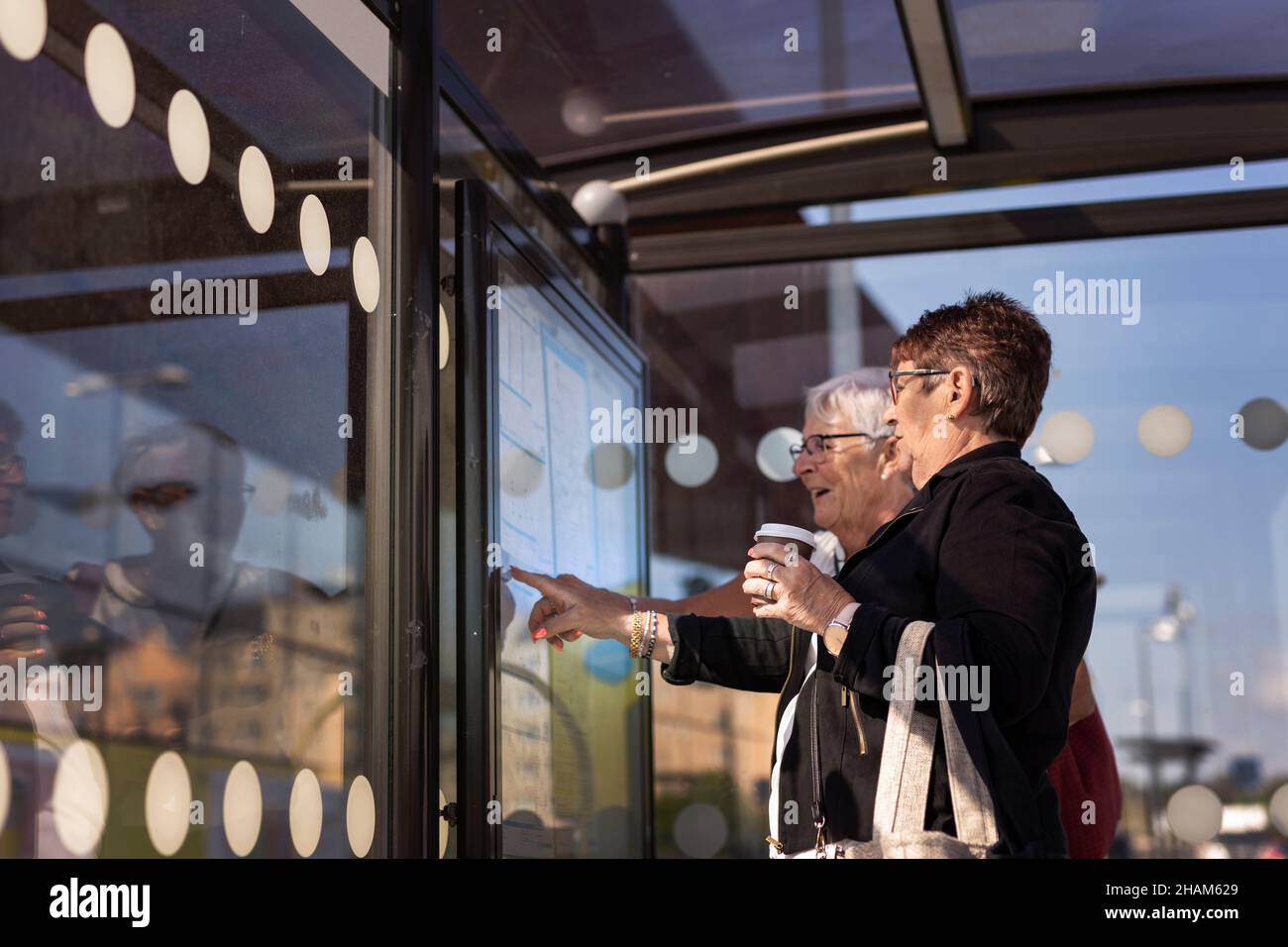 Senior female friends at bus stop Stock Photo - Alamy