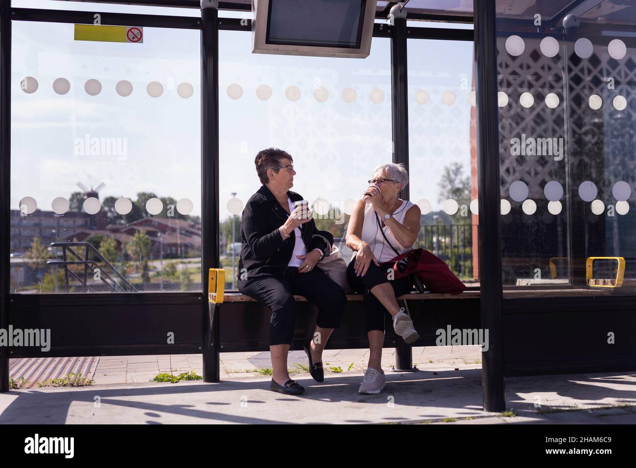 Senior female friends at bus stop Stock Photo - Alamy