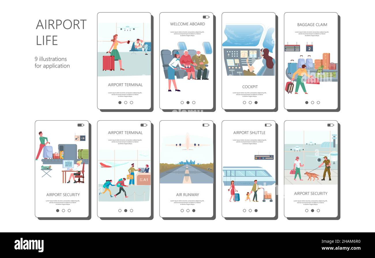 Big set of airport life applications. Working airport services ...