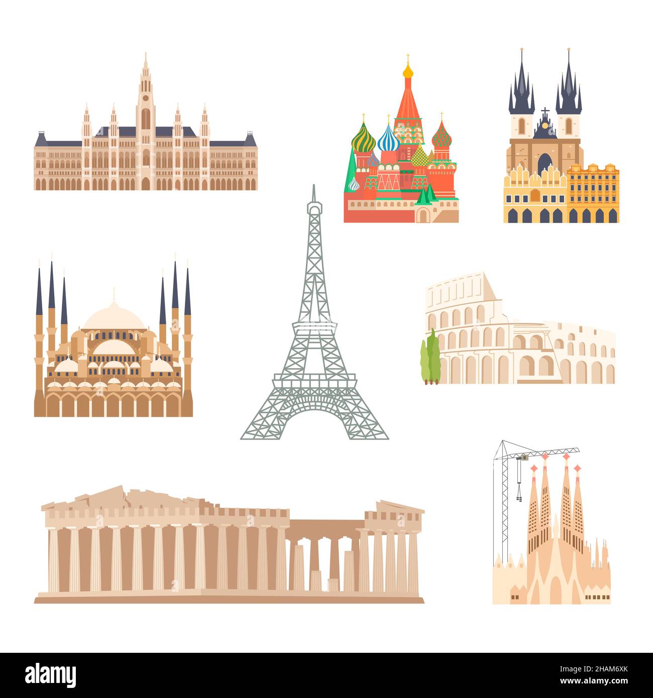 Main European cities symbols set isolated on white background. Flat Art ...