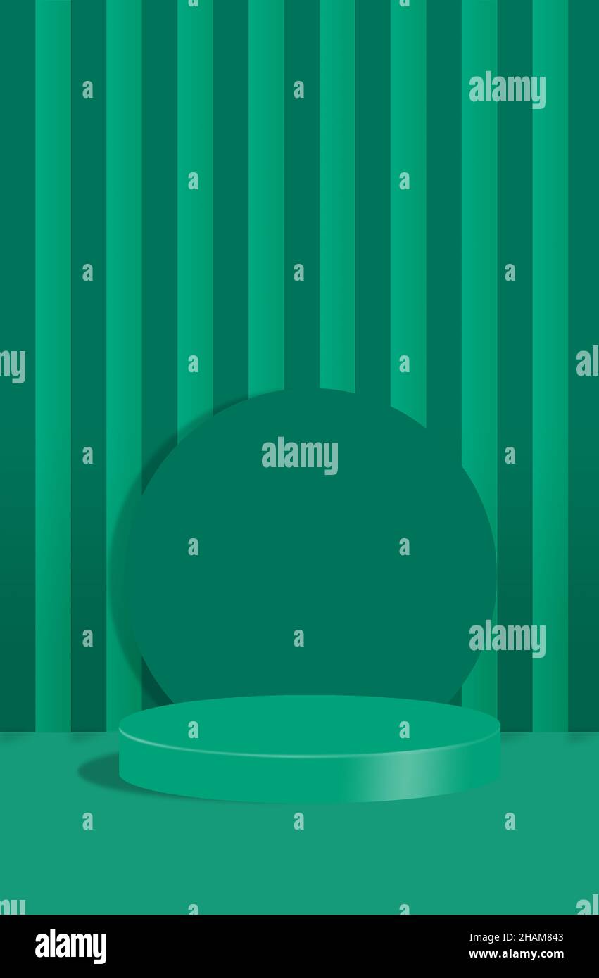 Abstract cylindrical platform on emerald background of vertical striped ...