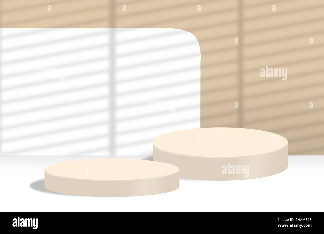 Two empty round podiums on white and beige background with shadow of ...