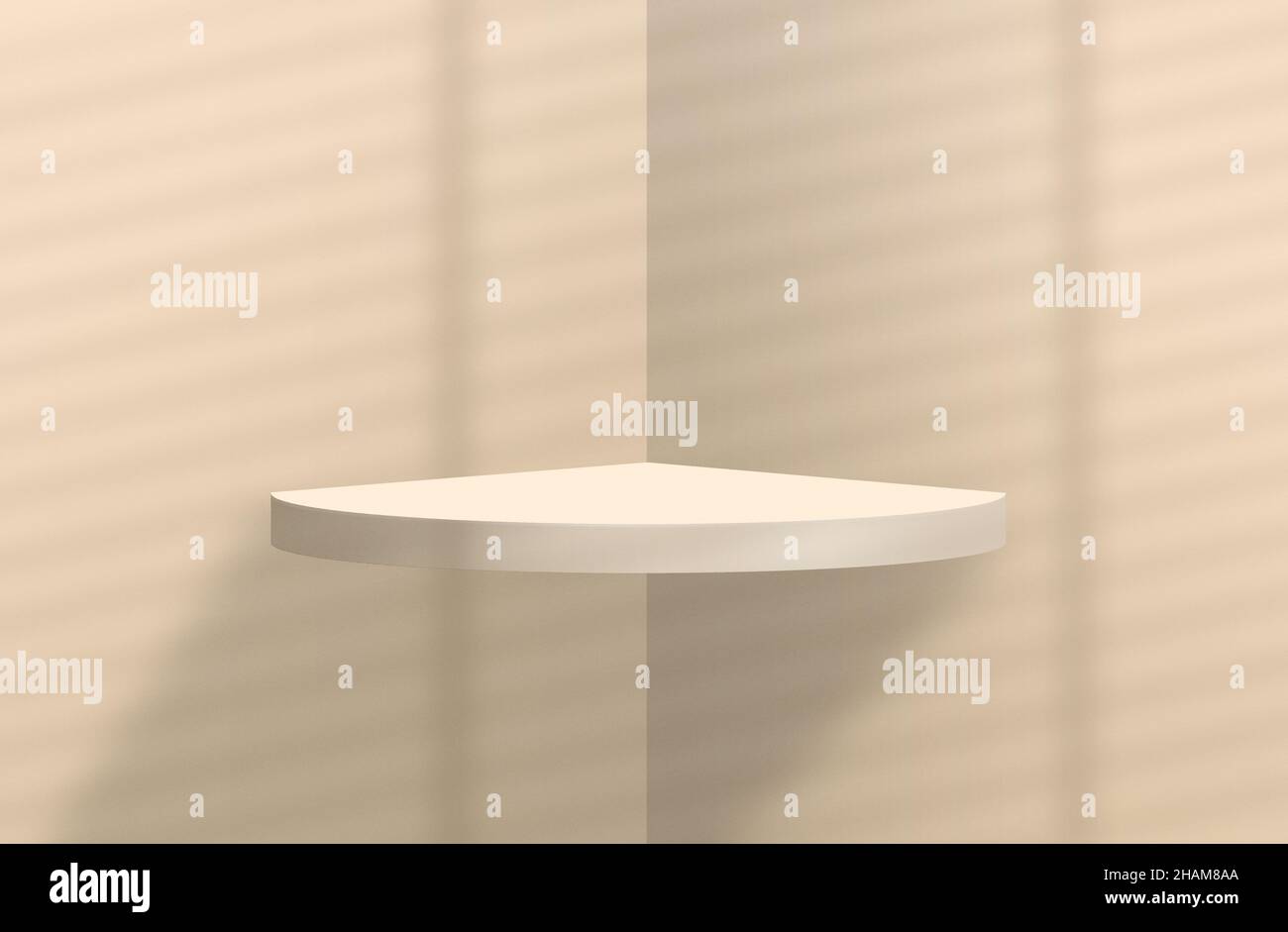 Empty corner shelf in form of circle sector on pastel beige background ...