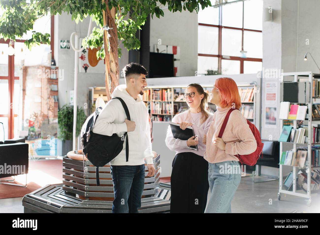 Young friends in library Stock Photo - Alamy