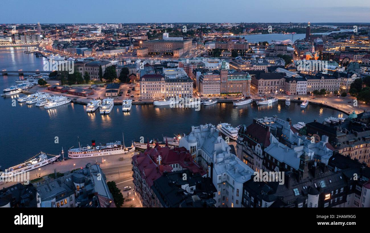 Aerial view of Stockholm cityscape with moored ferries, Sweden Stock ...