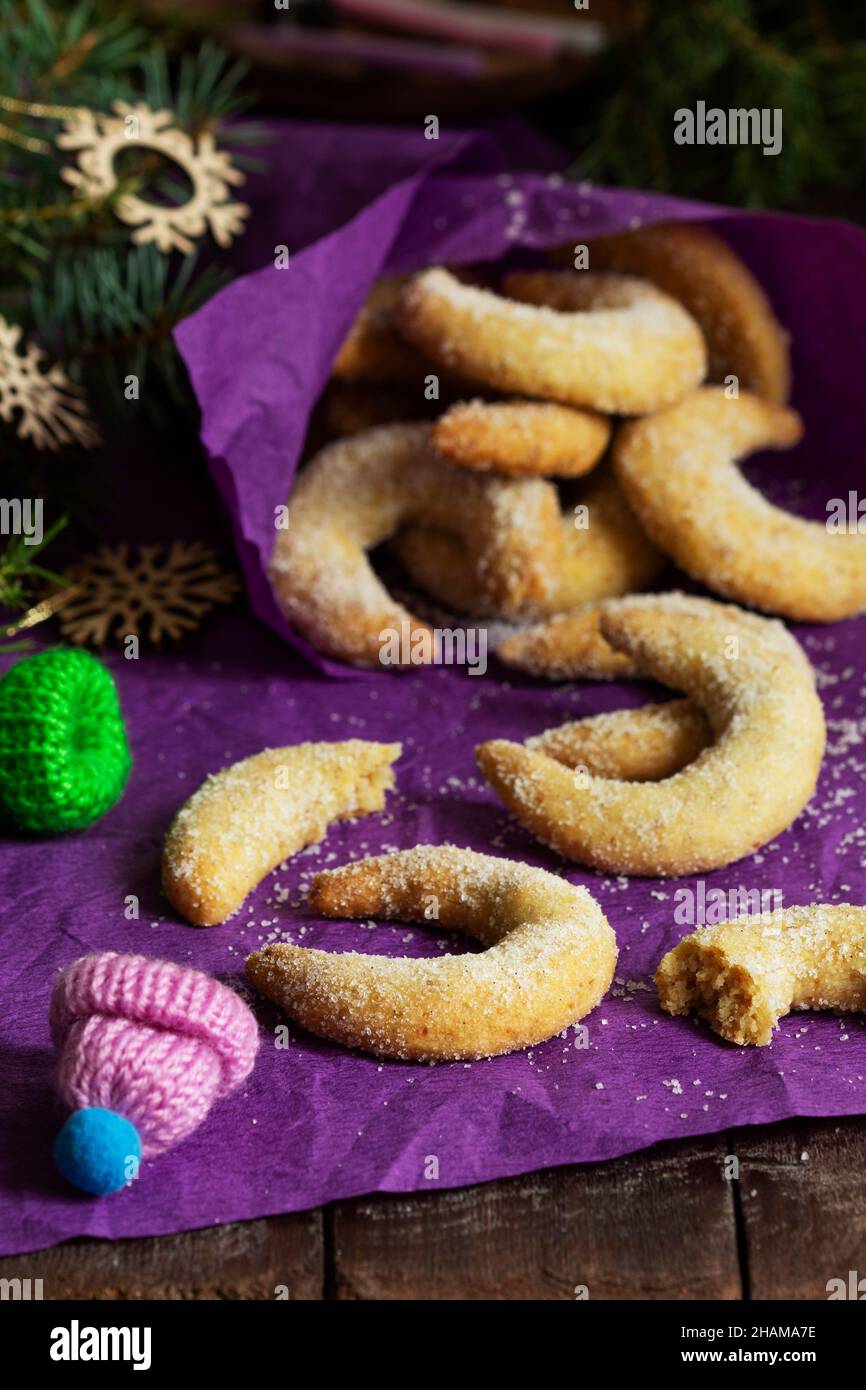 Traditional advent cookies vanilla crescents on a purple background ...