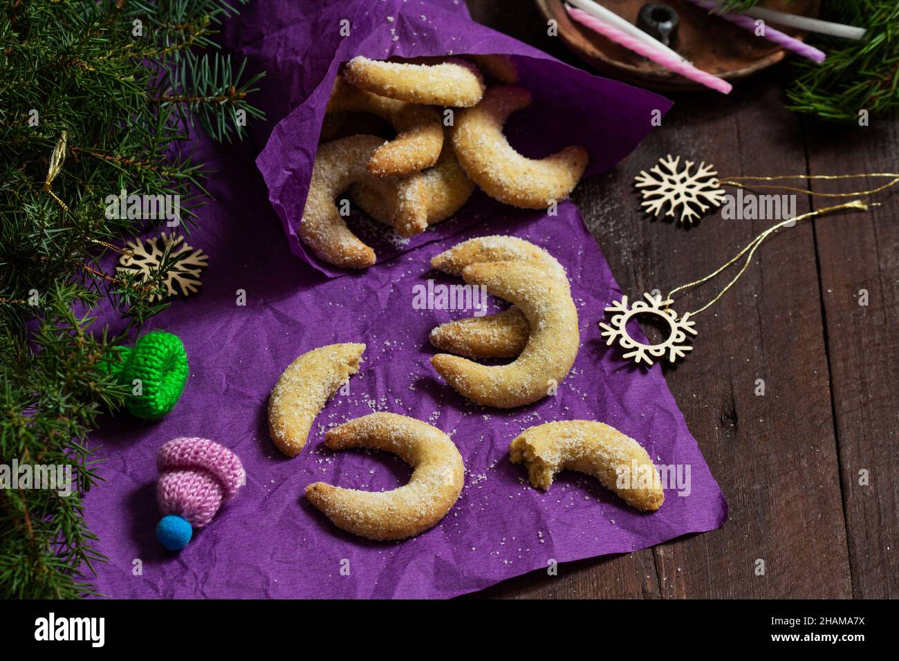 Traditional advent cookies vanilla crescents on a purple background ...