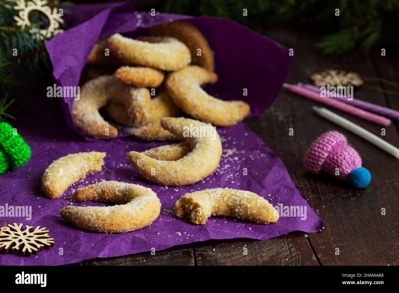 Traditional advent cookies vanilla crescents on a purple background ...