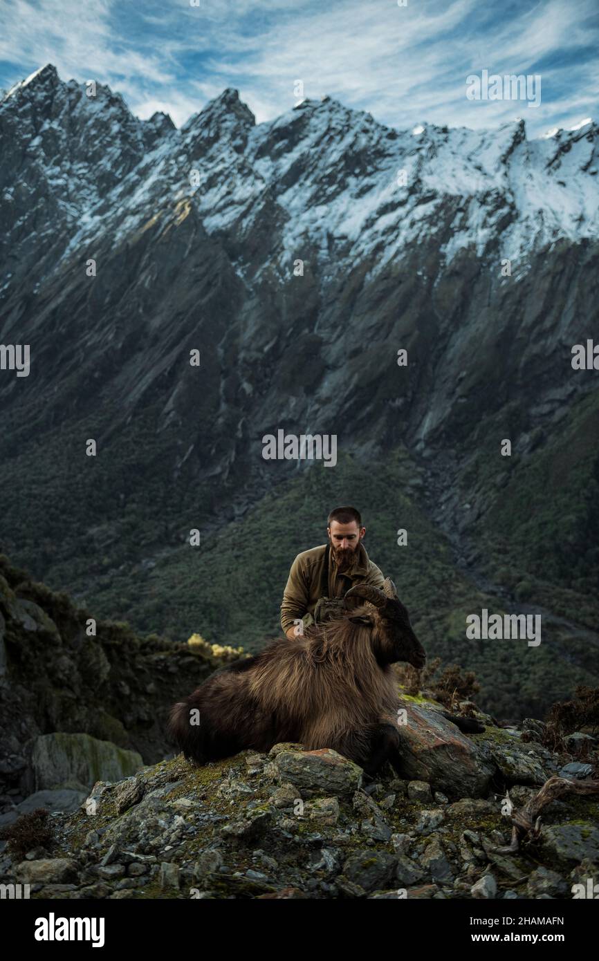 Hunter sitting near dead mountain goat Stock Photo - Alamy