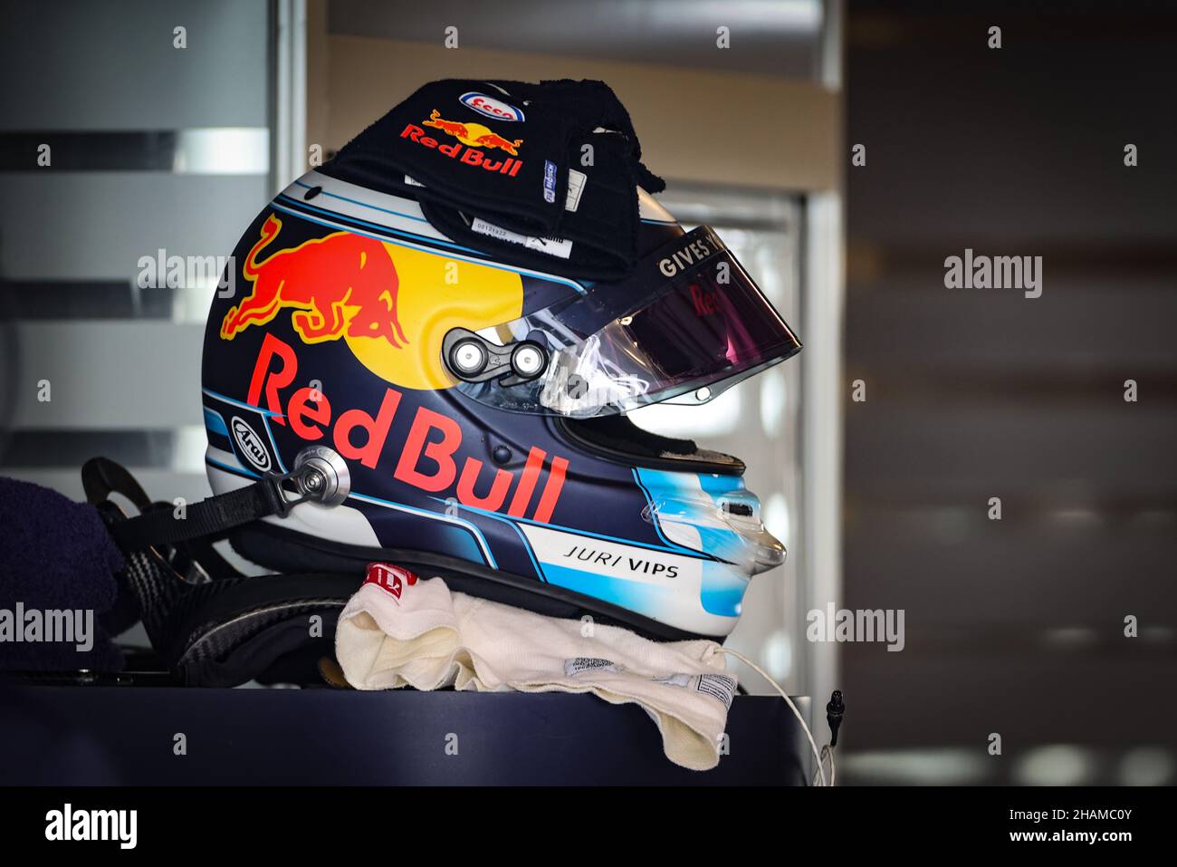 Abu Dhabi, Abu Dhabi. 14th Dec, 2021. The helmet of Juri Vips (EST) Red ...