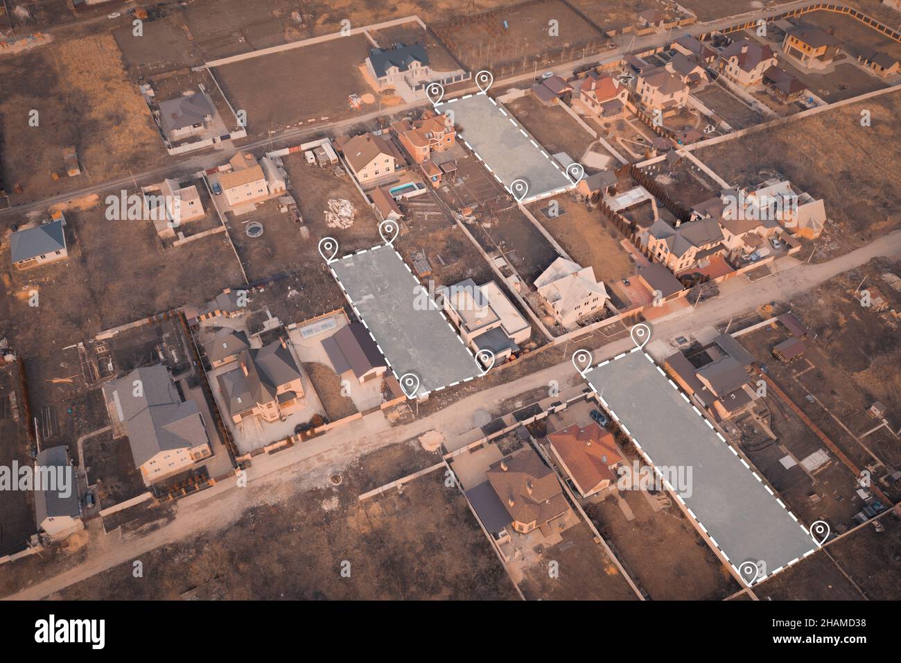 Land plots for sale development. Aerial drone view. GPS map identify of ...