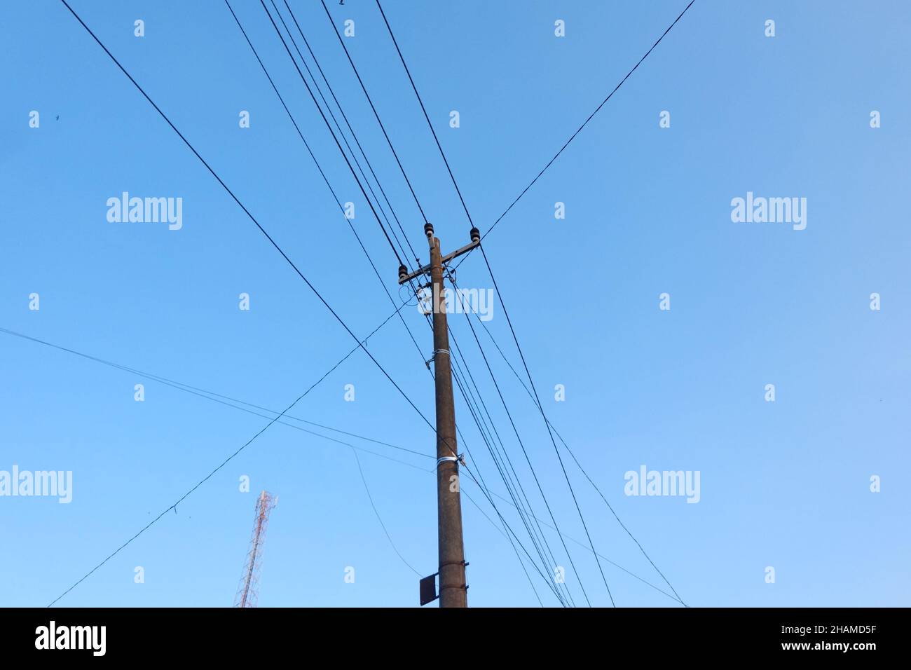 Electrical power pole with many wires and cables connecting to it Stock ...