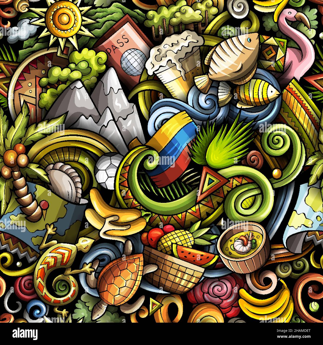 Cartoon doodles Ecuador seamless pattern. Backdrop with Ecuadorian ...
