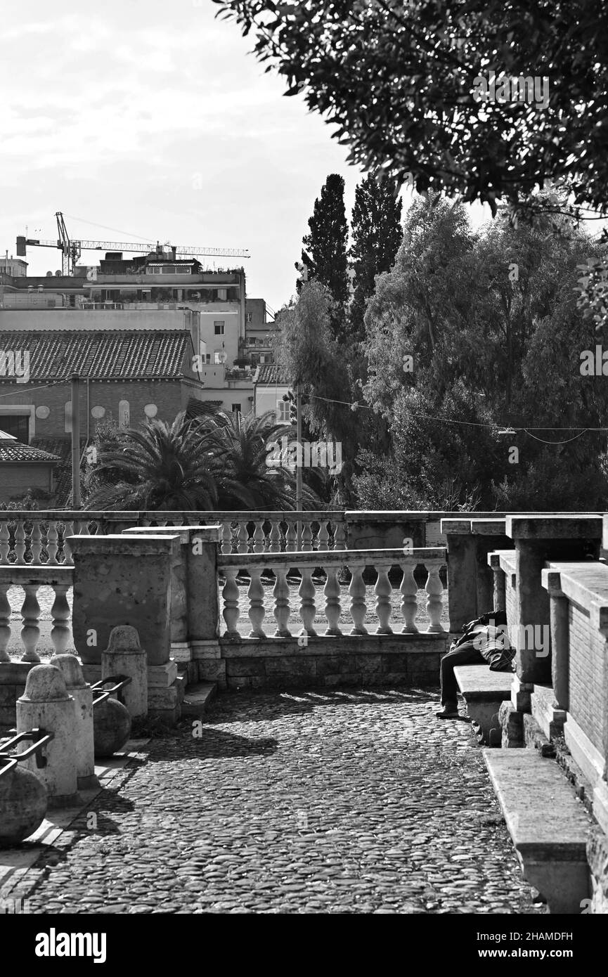 Grayscale view of a fence backyard home with trees in Rome, Italy Stock ...