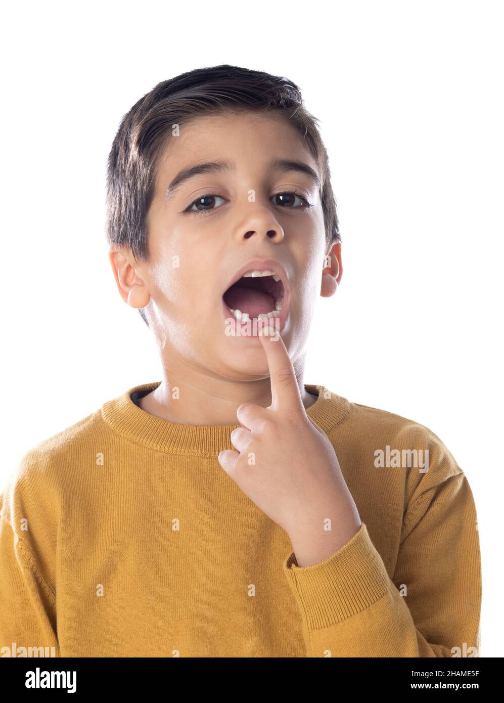 Portrait of a child with an open mouth and a tooth fell out isolated on ...