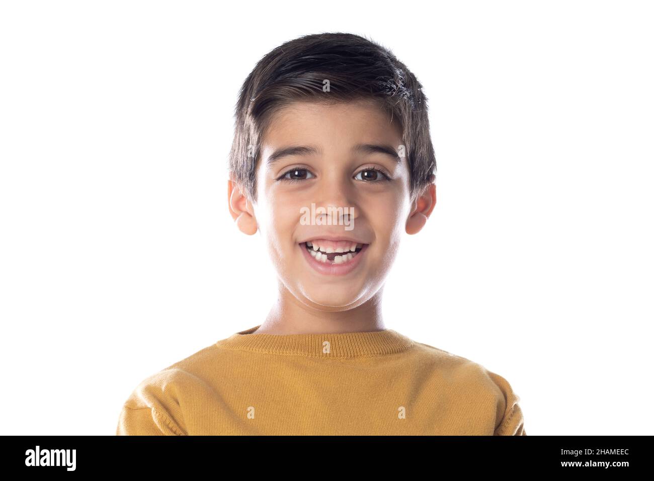 Brown child with yellow t-shirt isolated on a white background Stock ...