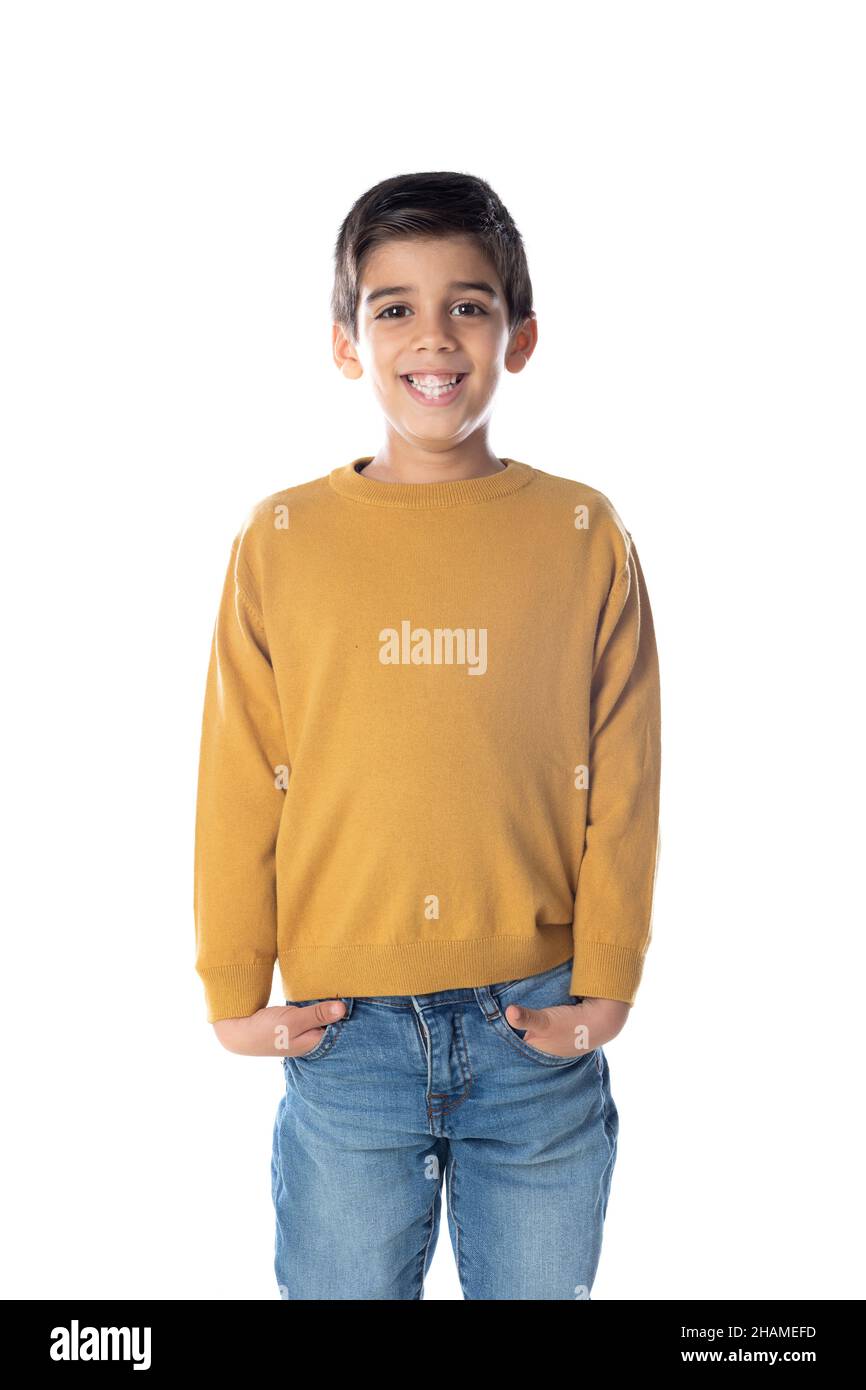 Brown child with yellow t-shirt isolated on a white background Stock ...