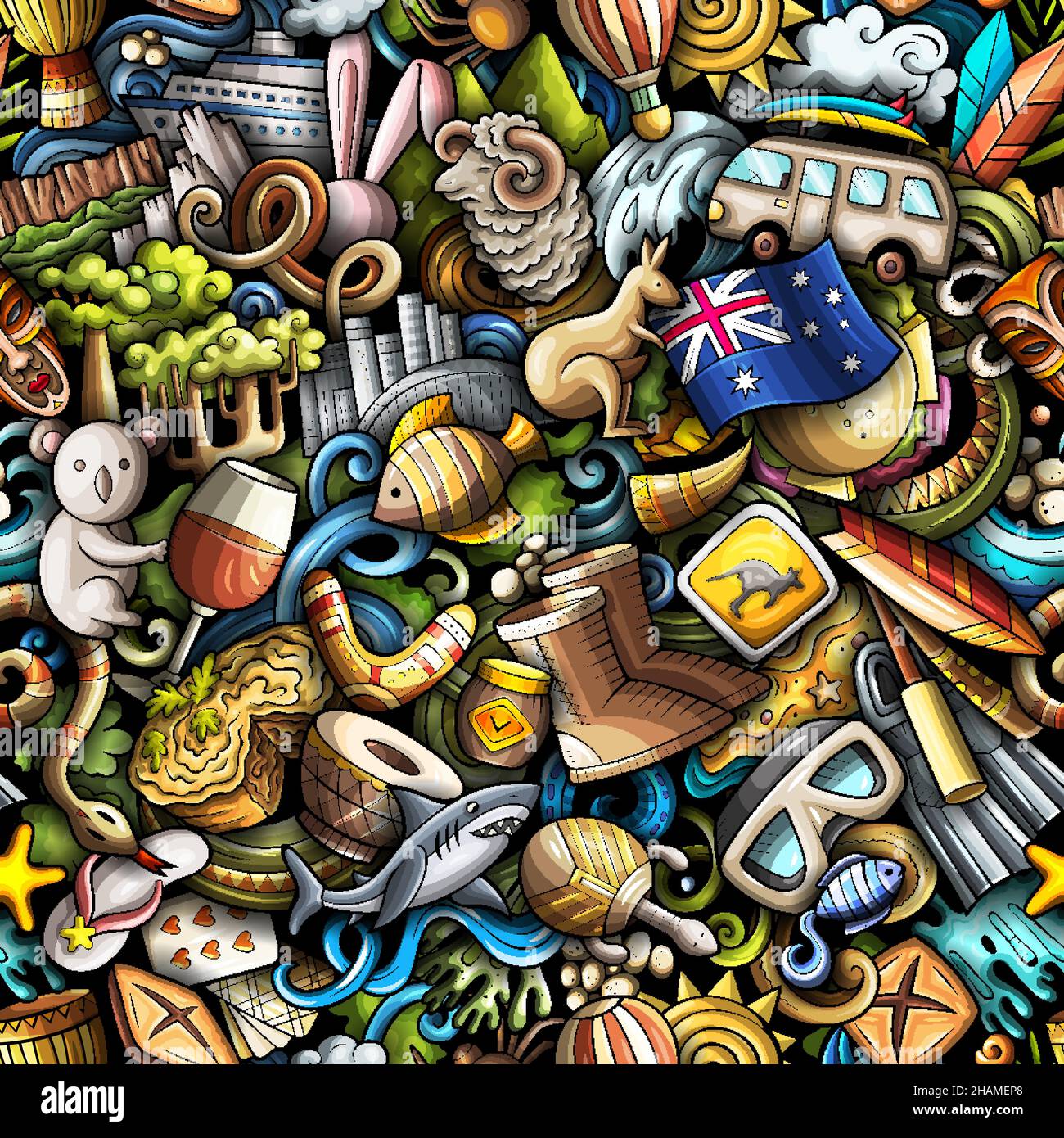 Cartoon doodles Australia seamless pattern. Backdrop with Australian ...