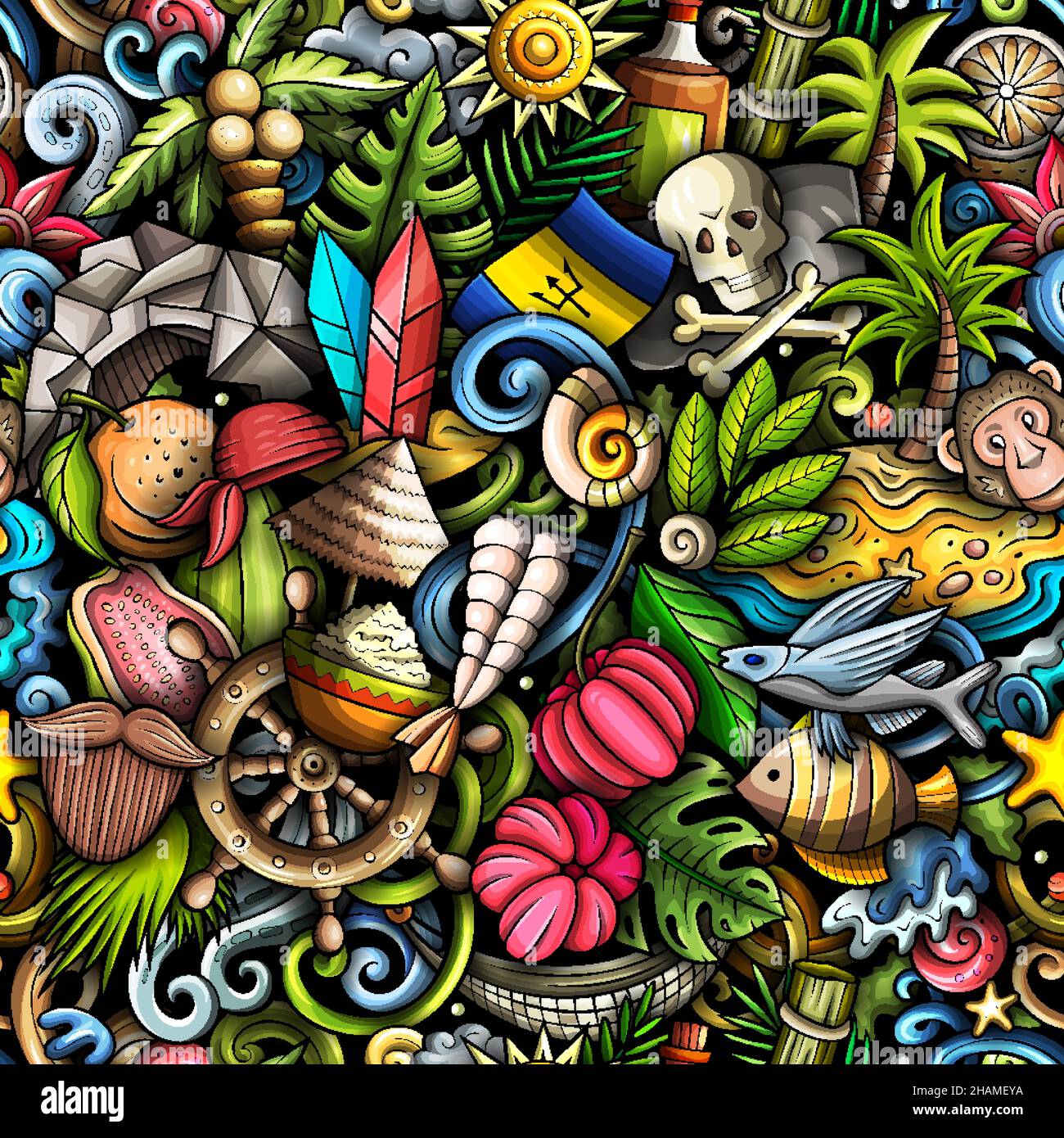 Cartoon doodles Barbados seamless pattern. Backdrop with barbadian ...