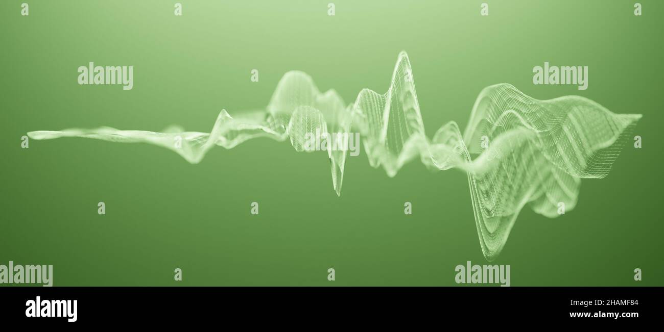 Wireframe Waveform Structure Or Abstract Visualization Of Audio Sound Waves Against Green