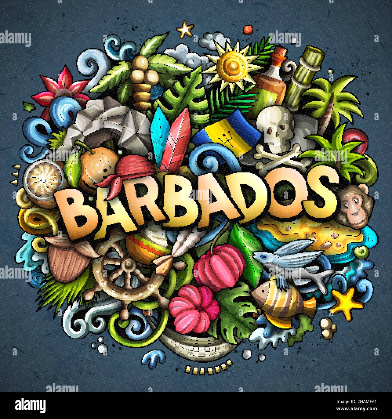 Barbados hand drawn cartoon doodle illustration. Funny barbadian design ...