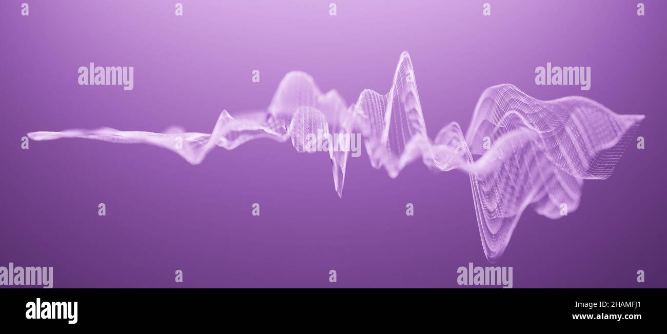 Wireframe Waveform Structure Or Abstract Visualization Of Audio Sound Waves Against Purple