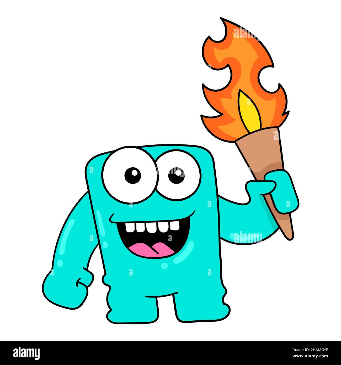 big eyed monster carrying a torch, vector illustration art. doodle icon ...
