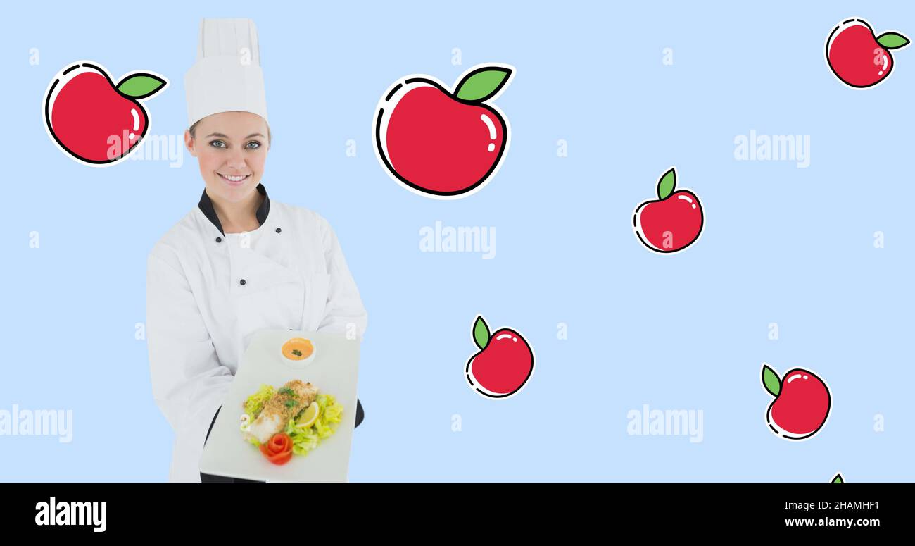 Smiling female chef showing ready-to-eat food with fruit vector over ...