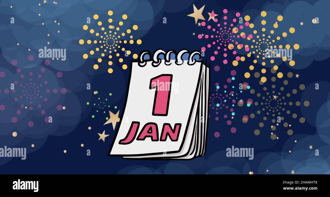 Digital composite image of 1 jan on calendar against exploding ...