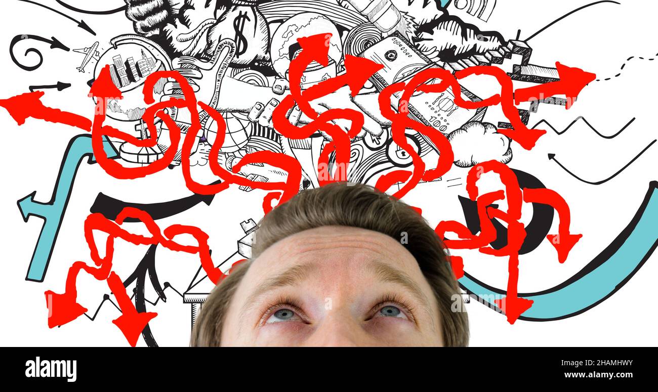 Digital composite of man looking at scattered red arrow symbols over ...